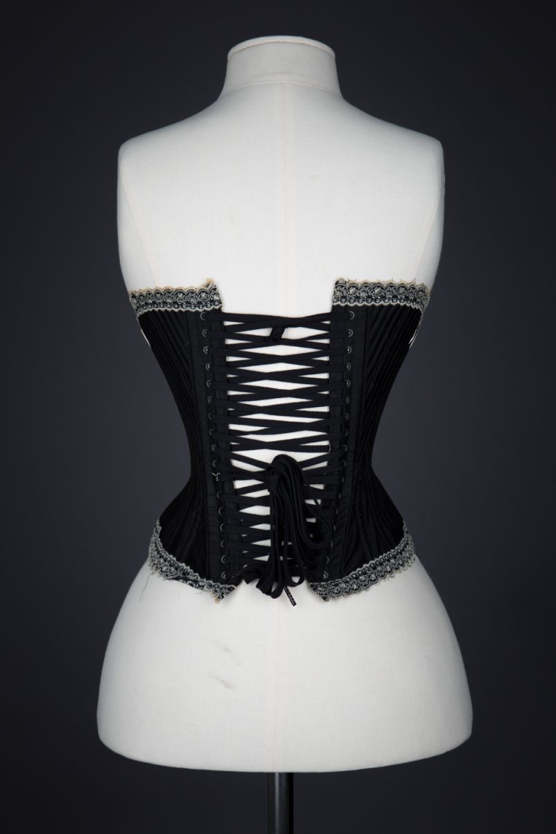 Black Cotton Sateen Corset With White Flossing & Woven Trim by P. N ...
