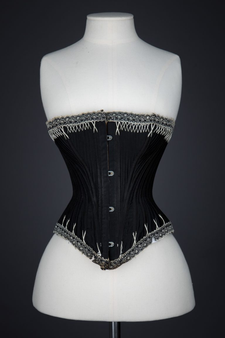 Black Cotton Sateen Corset With White Flossing & Woven Trim by P. N ...