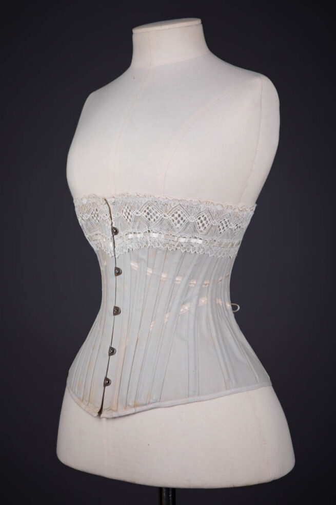 Grey Herringbone Coutil Corset With Ribbon Slot Lace Trim & Woven ...