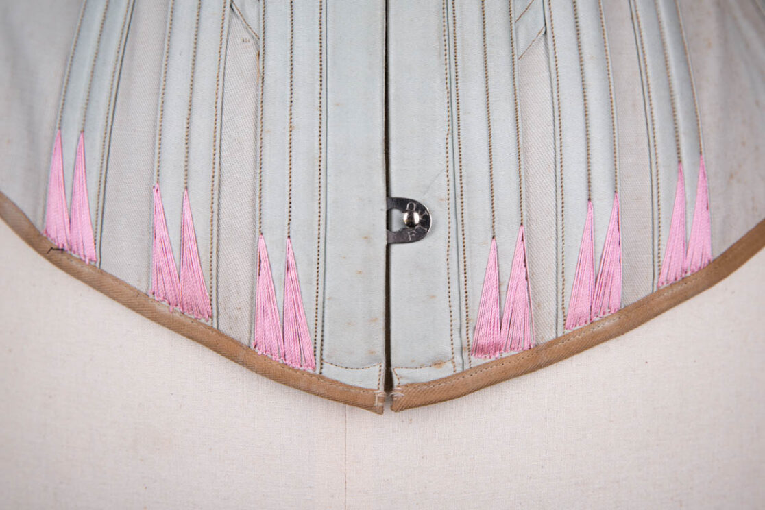 Grey Cotton Corset With Contrast Pink Flossing Embroidery And Lace ...