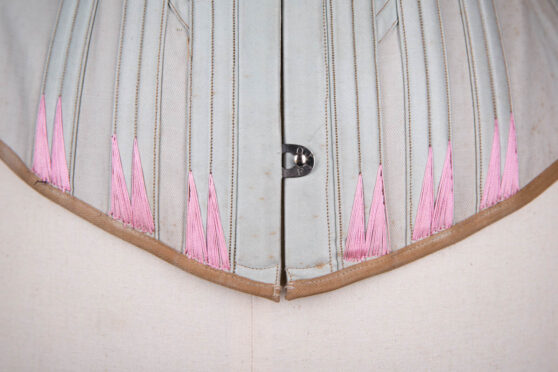 Grey Cotton Corset With Contrast Pink Flossing Embroidery And Lace ...