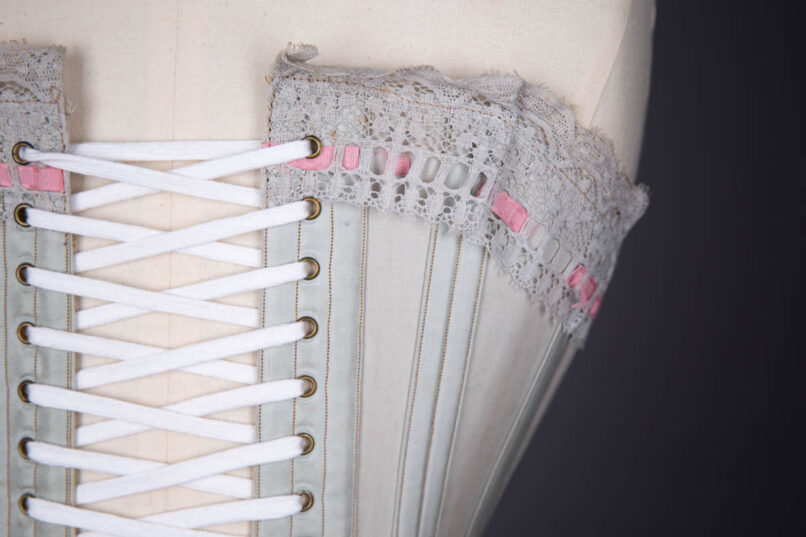 Grey Cotton Corset With Contrast Pink Flossing Embroidery And Lace ...